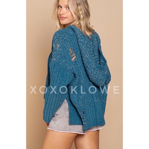 POL | Sweaters | Pol Teal Tattered Hoodie Sweater Ribbed Knit Relaxed ...
